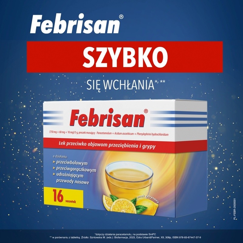 Febrisan, proszek musujący o smaku cytrynowym, 5 g, 16 saszetek