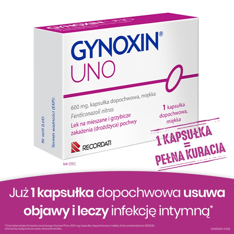 Gynoxin Uno, 600 mg, kapsułki dopochwowe, miękkie, 1 szt.