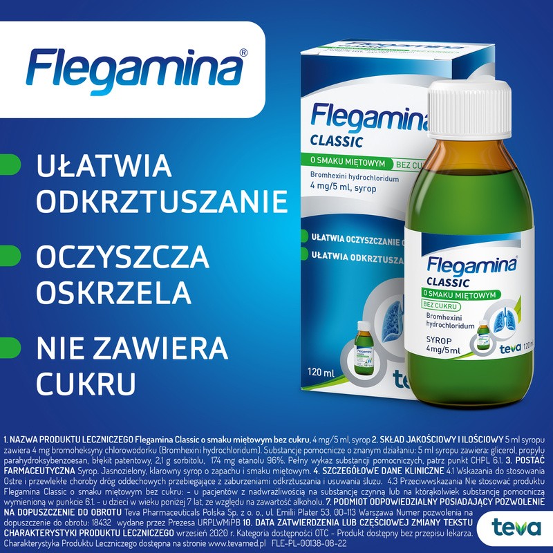 Flegamina, 4 mg/5 ml, syrop o smaku miętowym, bez cukru, 120 ml