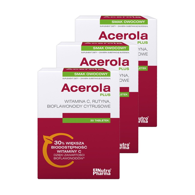 Zestaw 3x Acerola Plus, 30 tabletki do ssania, smak owocowy, 30 szt.